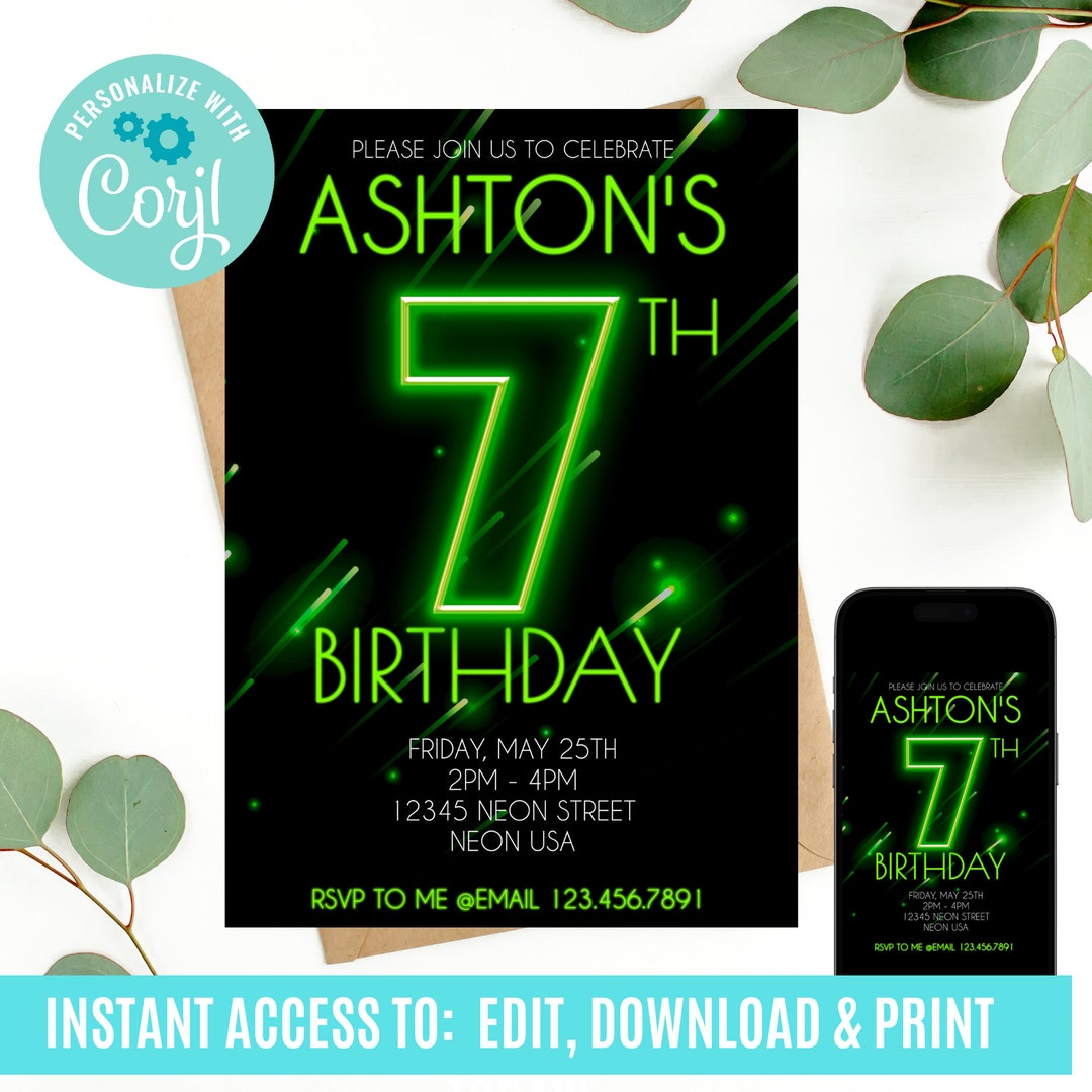 Neon Birthday Invitation, 7th Birthday Invite Boy, 7th Birthday ...