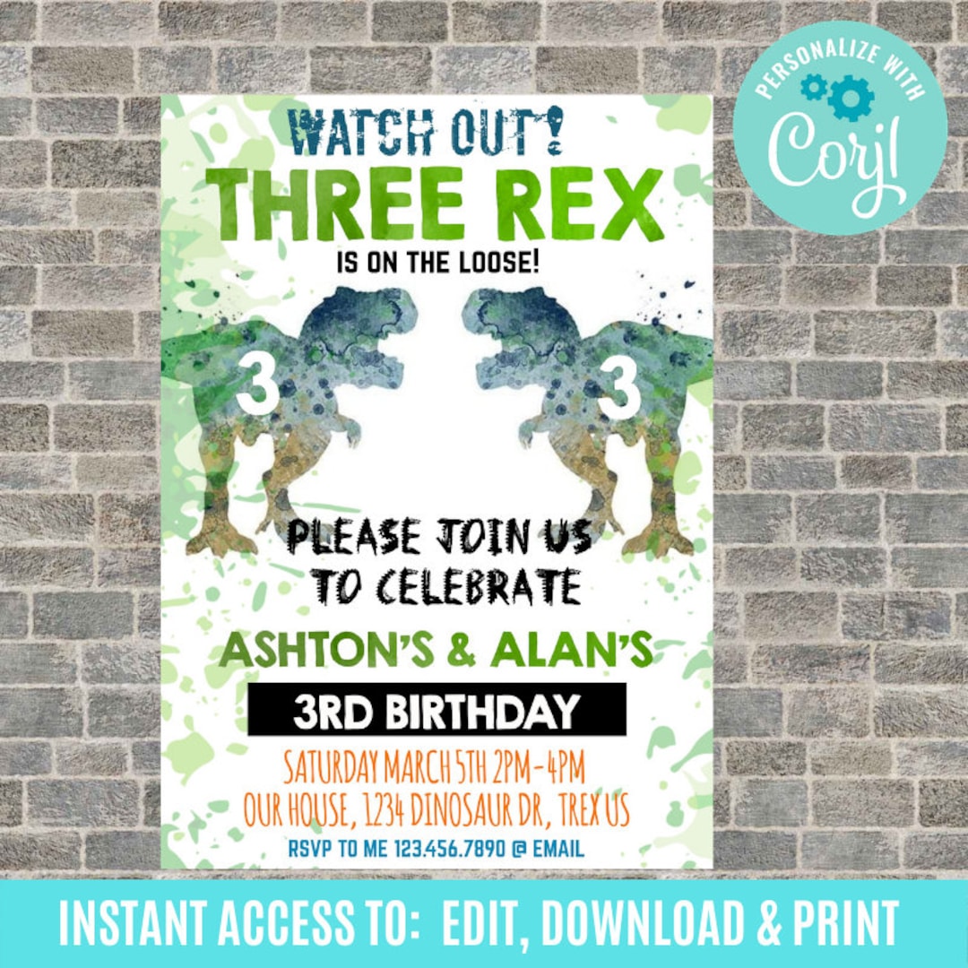 Twin Three Rex Invitation, Three Rex Birthday Invitation Instant ...