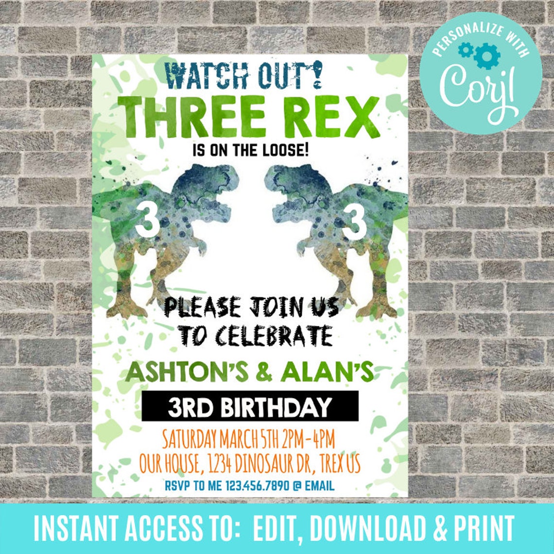 Twin Three Rex Invitation Three Rex Birthday Invitation - Etsy