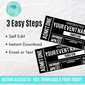 Event Ticket Printables, Editable Event Tickets, Event Ticket Template ...