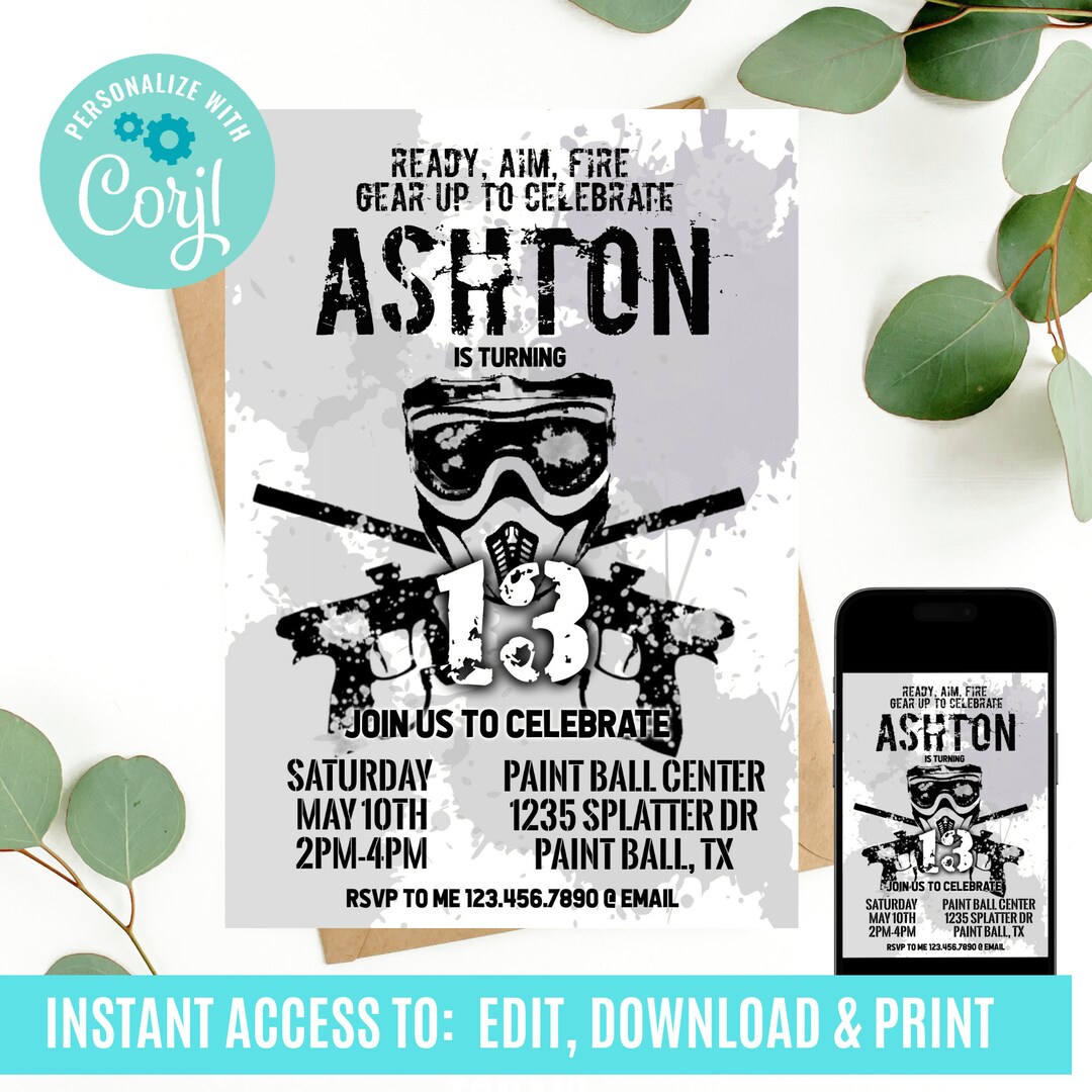 Paintball Birthday Invitation, Paintball Invitation, Paintball Editable ...