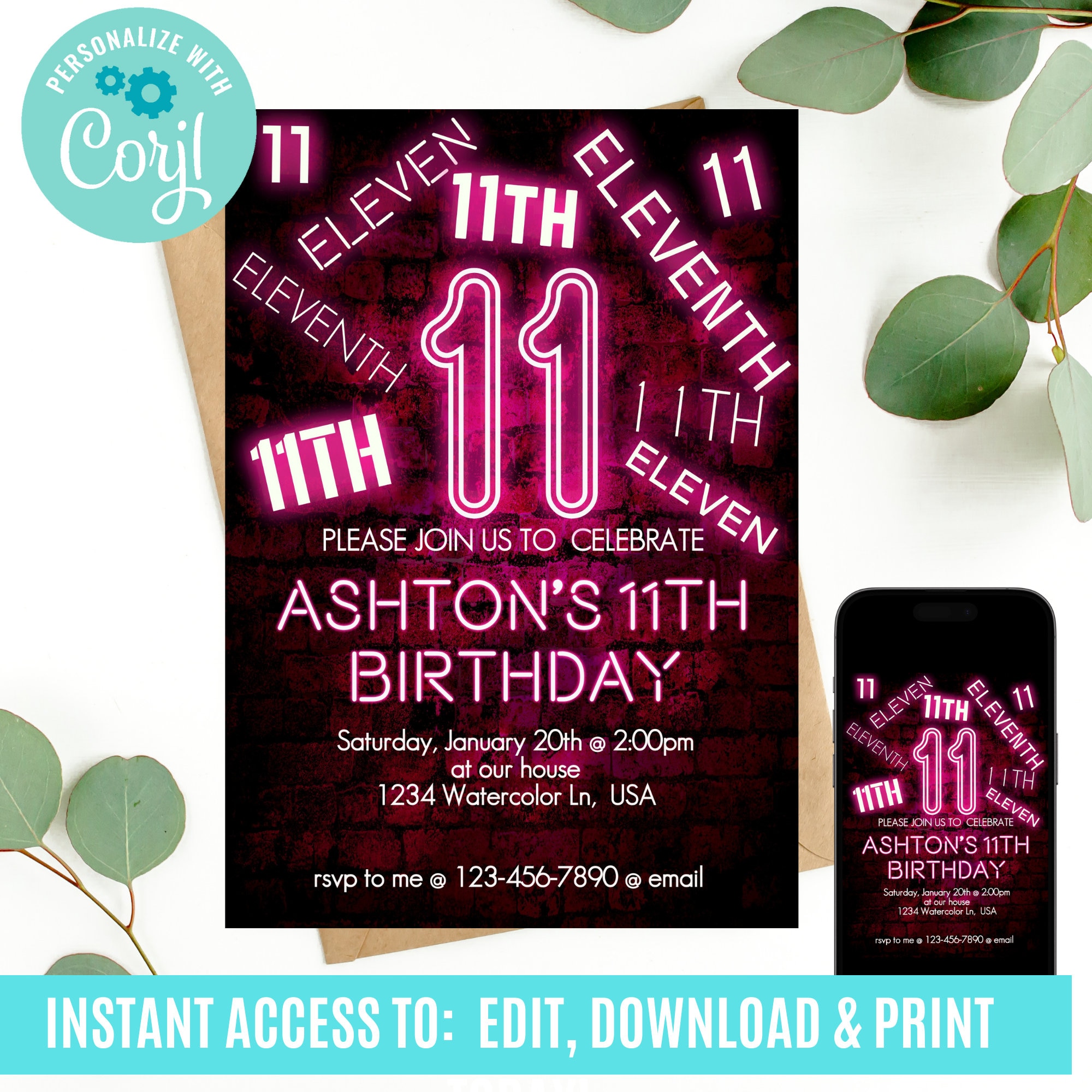 11th Birthday, 11th Birthday Invitation, Glow in the Dark Birthday ...