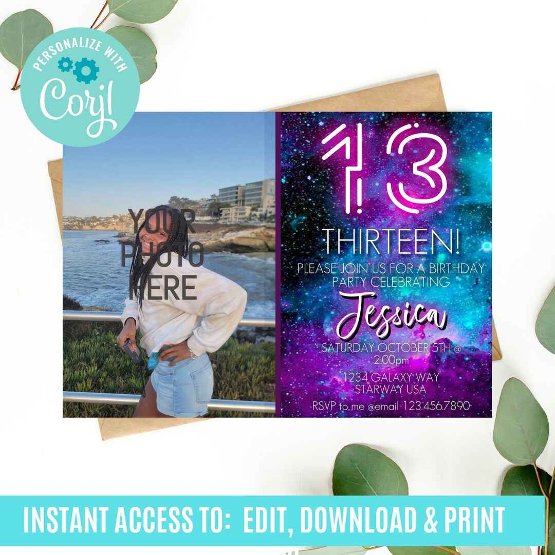Galaxy Birthday Invitation, 13th Birthday Invitation, Thirteenth ...