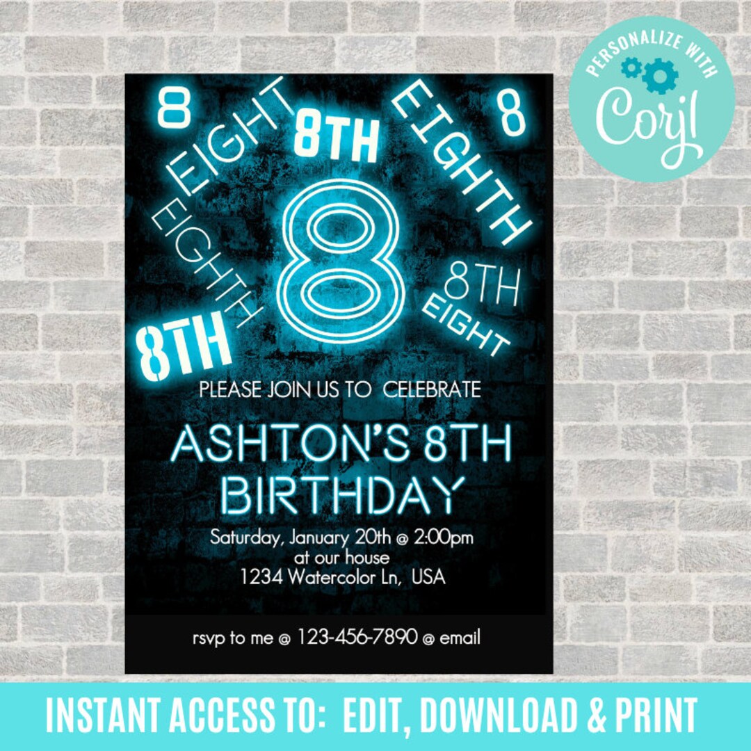 Neon Light Birthday Invitation 8th Birthday Invitation - Etsy