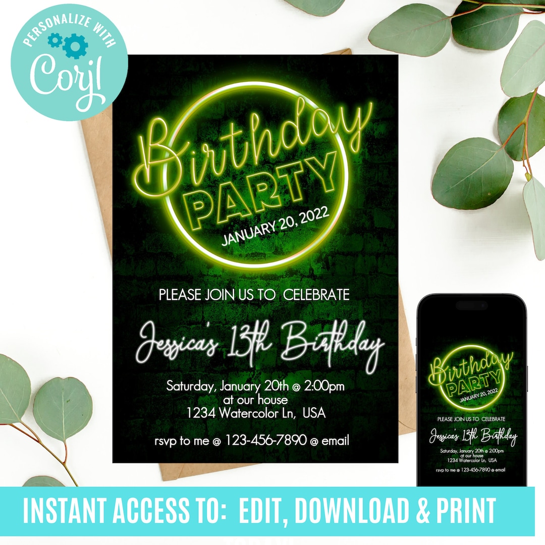 Neon Birthday Invitation, Neon Light Birthday Invitation, Glow Party ...
