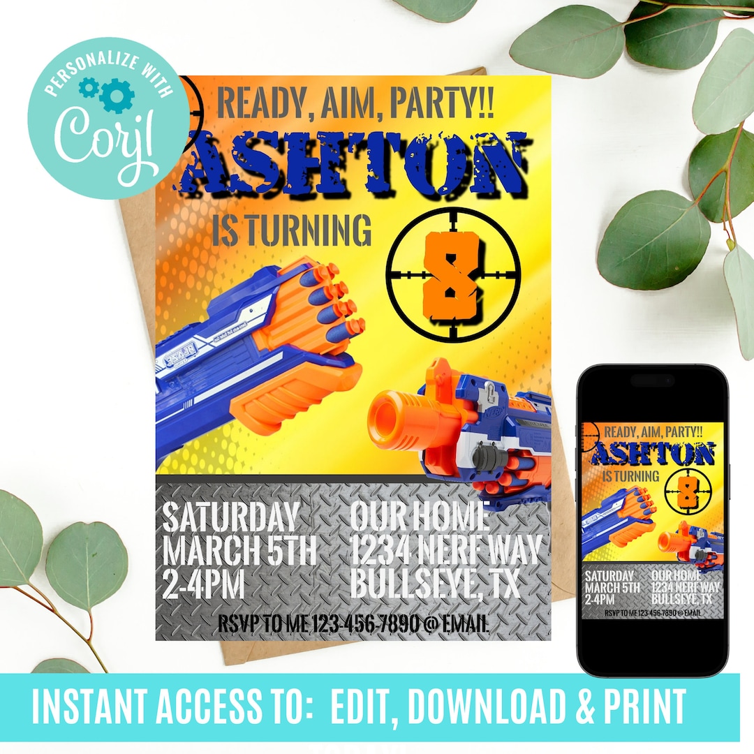 Dart Gun Invitation Editable Template, Dart Gun Birthday Invitation ...