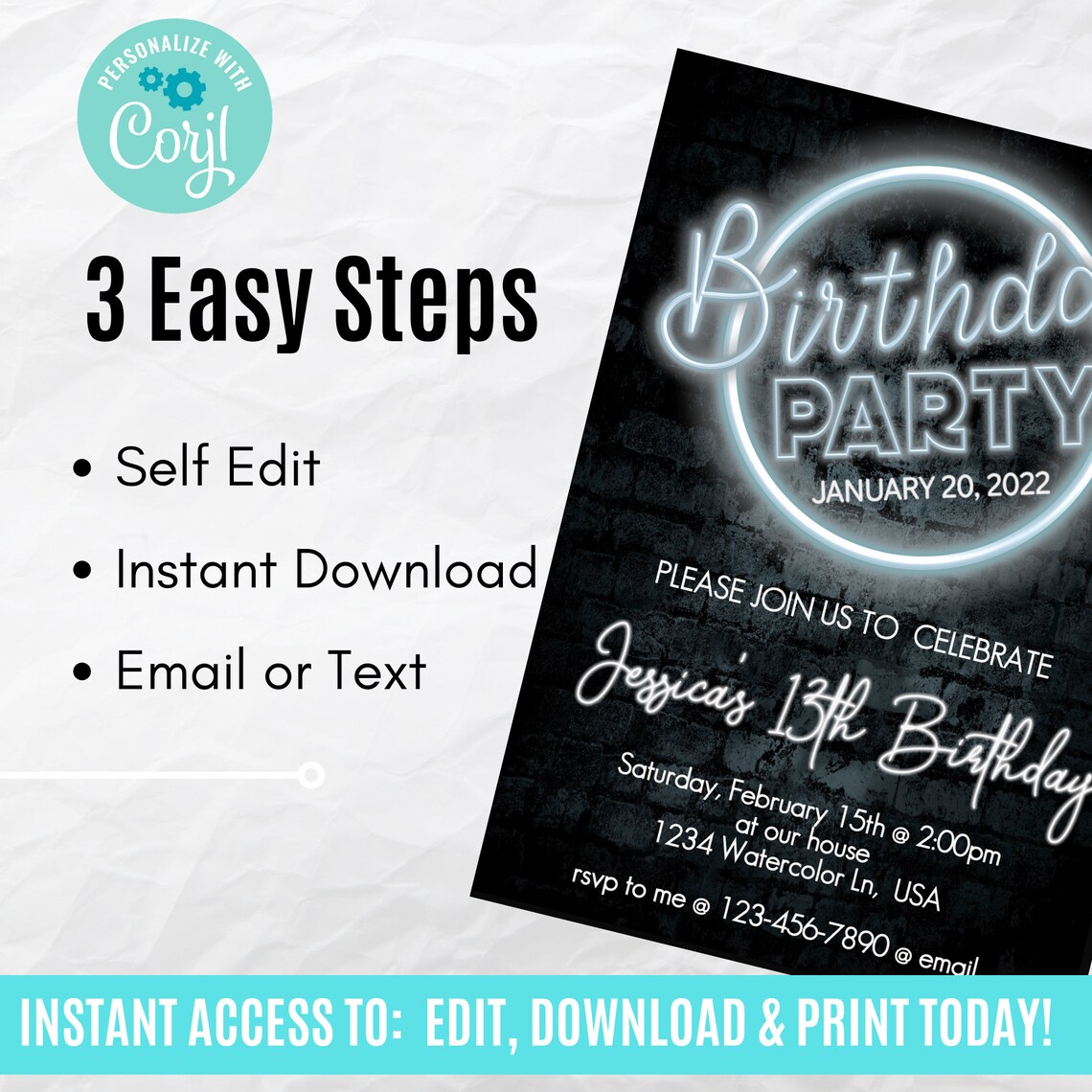 Neon Birthday Invitation, Neon Light Birthday Invitation, Glow Party ...