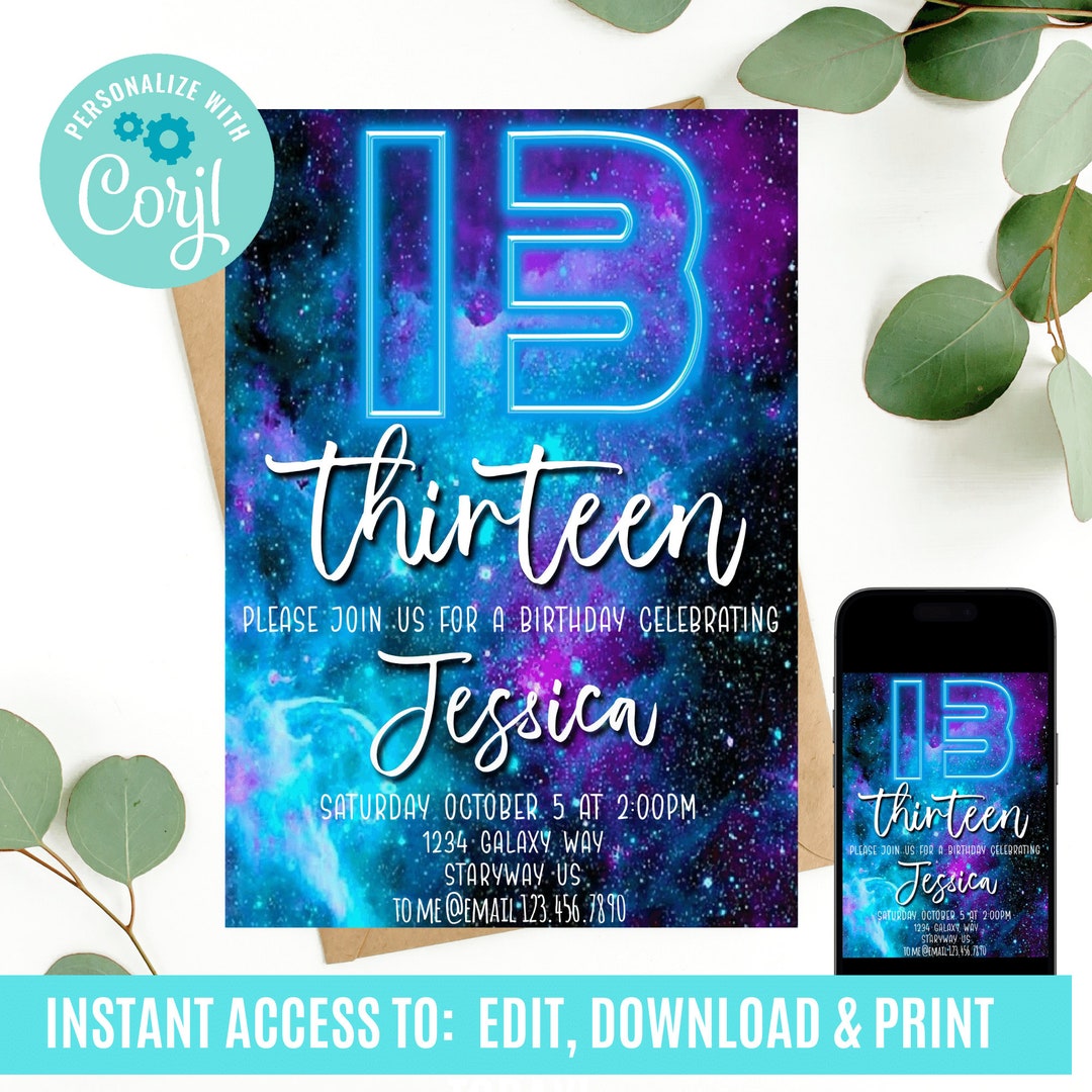 Galaxy Birthday Invitation, 13th Birthday Invitation, Thirteenth ...