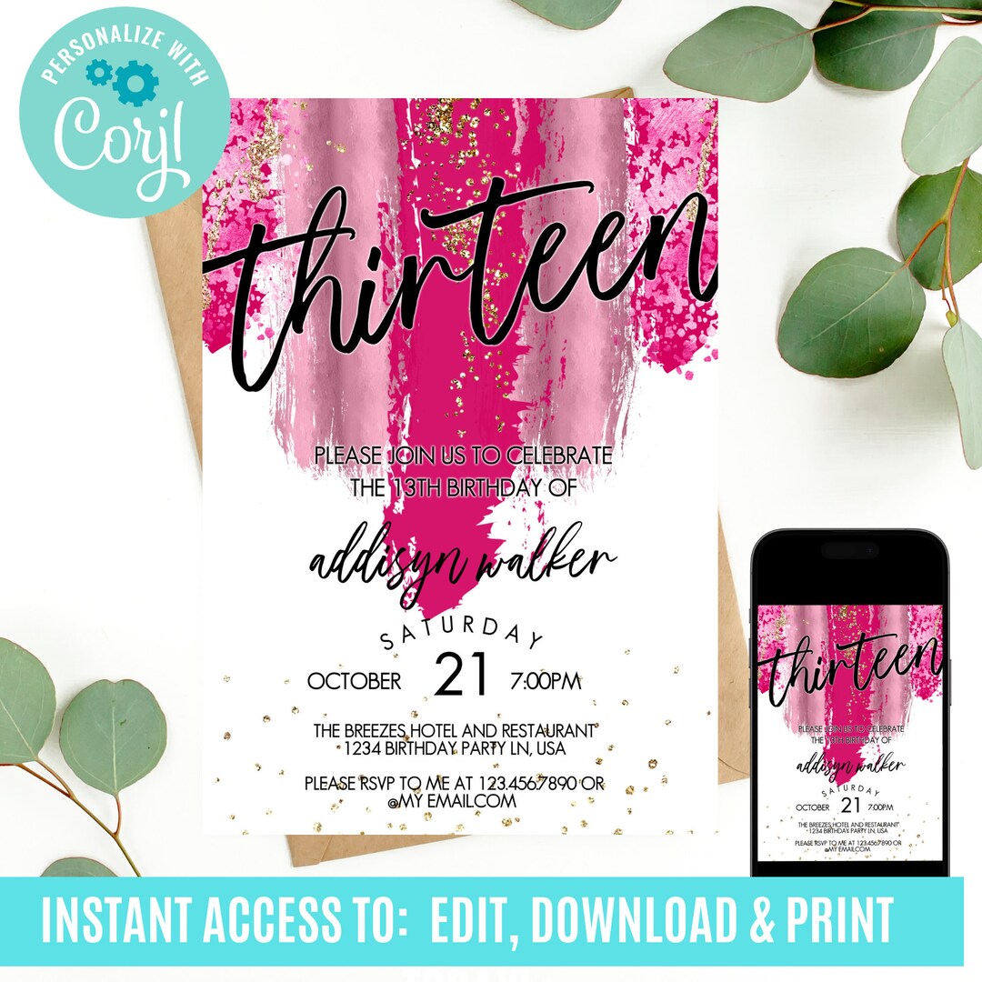 13th Birthday, Thirteenth Birthday Invitation, Glitter Birthday , 13th ...