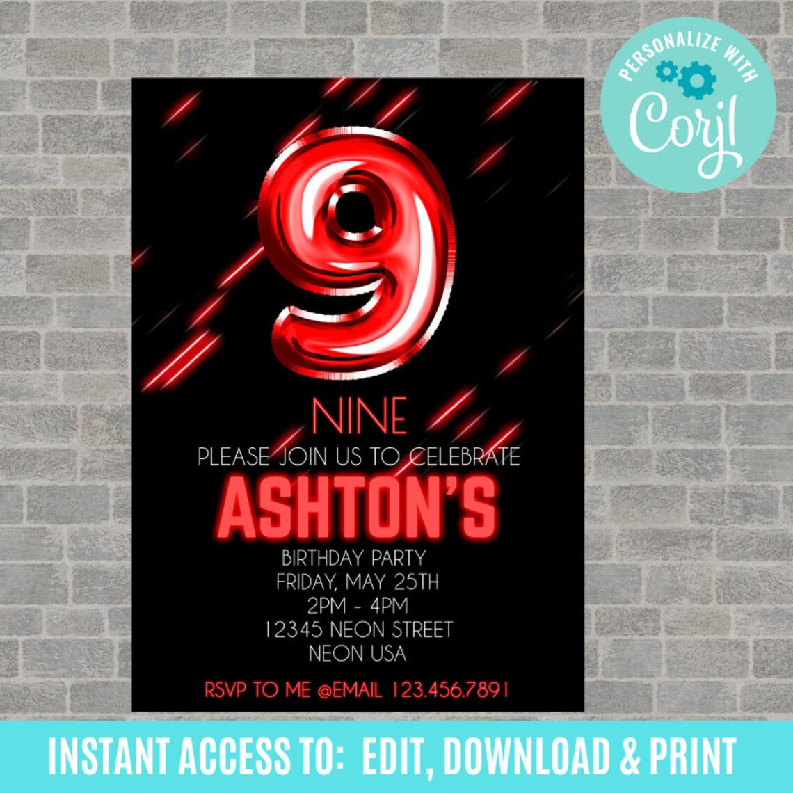 9th Birthday Invitation Birthday Invitations for Boys Neon - Etsy