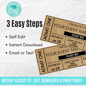 Vintage Ticket Printables, Editable Event Tickets, Event Ticket ...