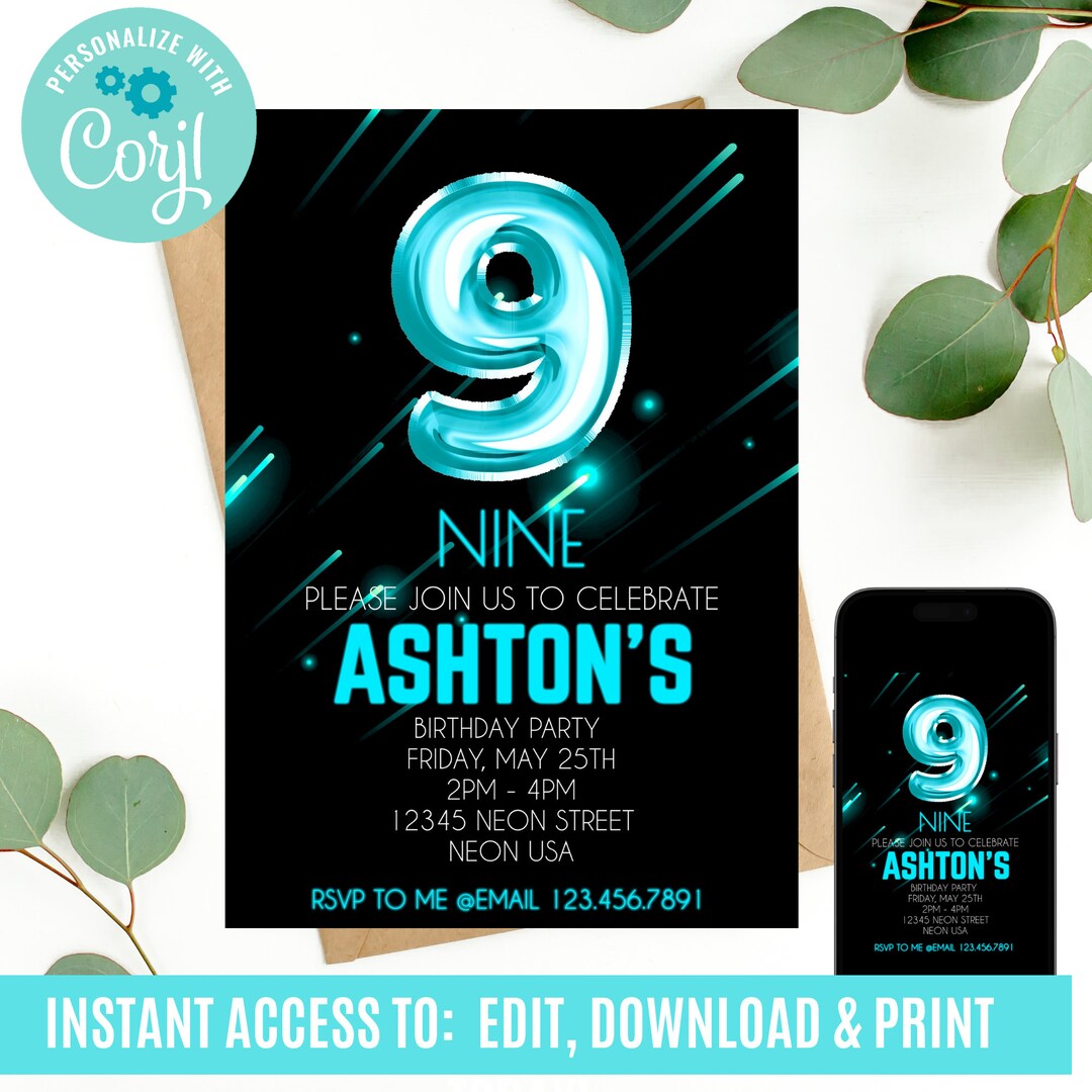 9th Birthday, 9th Birthday Invitation, Birthday Invitation, 9th ...