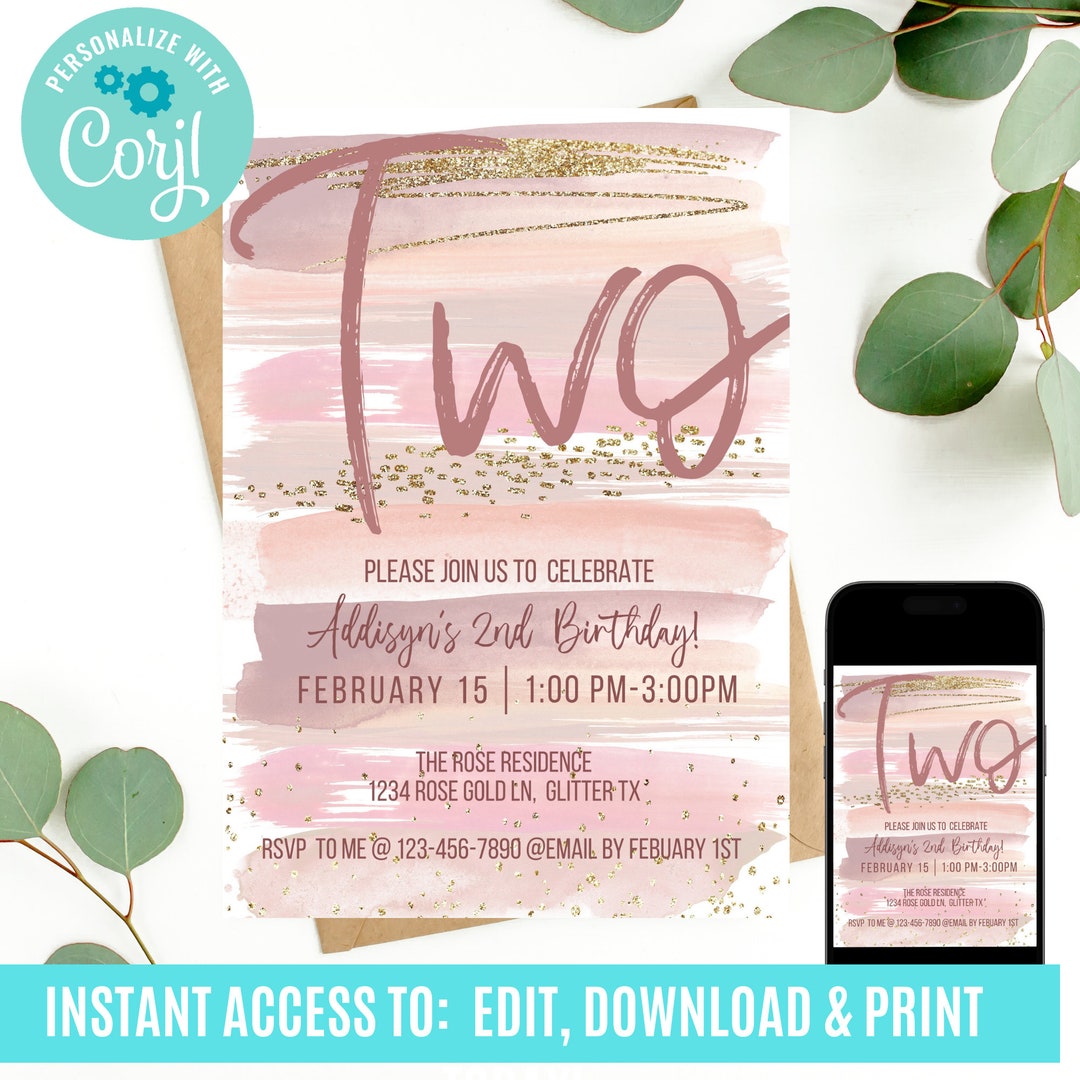 Modern 2nd Birthday Invitation, 2nd Birthday Invitation Template, 2nd ...