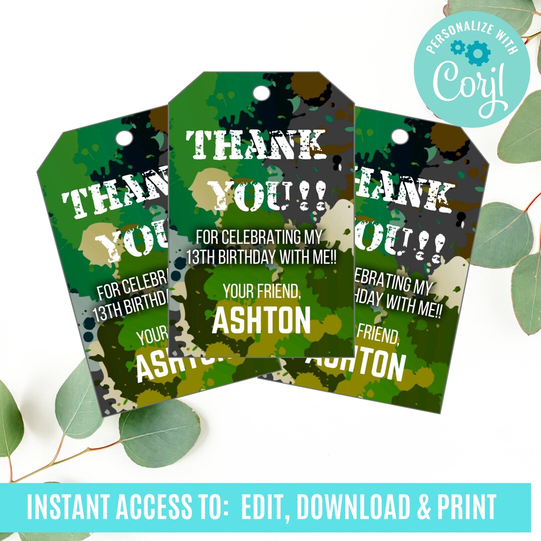 Paintball Gift Tags, Paintball Thank You Tags, Editable Gift Tags ...