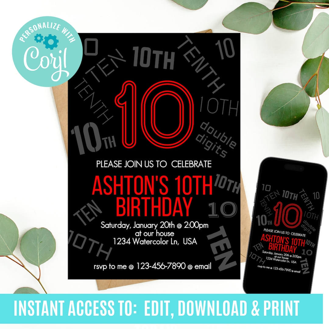 10th Birthday Invitation, Double Digits Birthday Invitation, Boys 10th ...