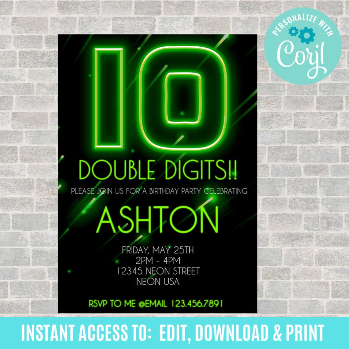 Neon Light Birthday Invitation 10th Birthday Invitation - Etsy
