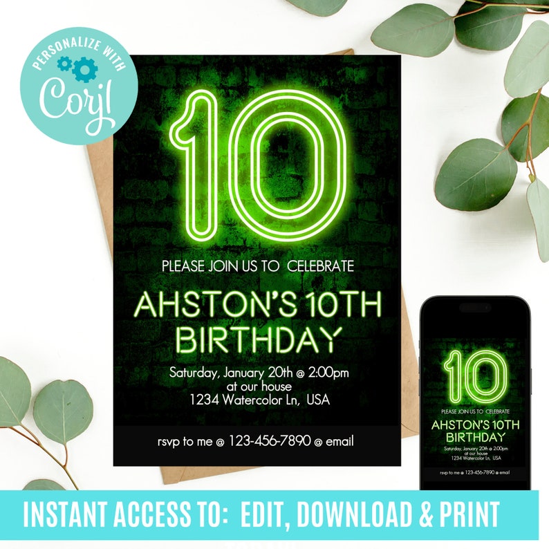 Any Age, Neon Light Birthday Invitation, 10th Birthday Invitation ...
