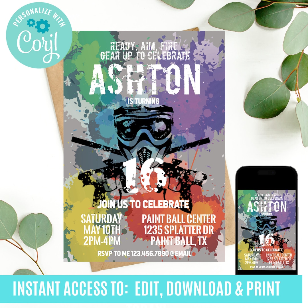 Paintball Birthday Invitation, Paintball Invitation, Paintball Editable ...