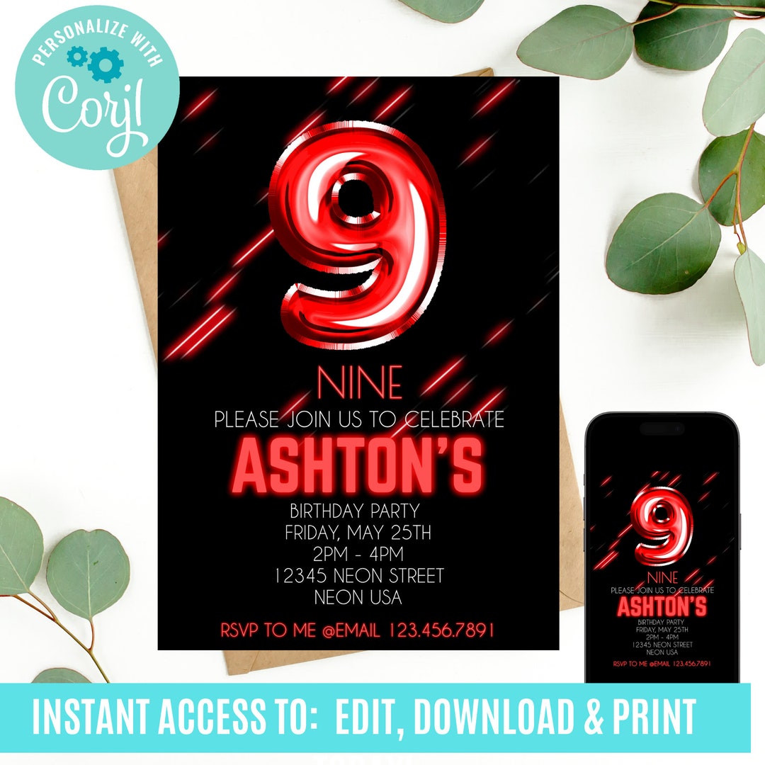 9th Birthday Invitation, Birthday Invitations for Boys, Neon Birthday ...