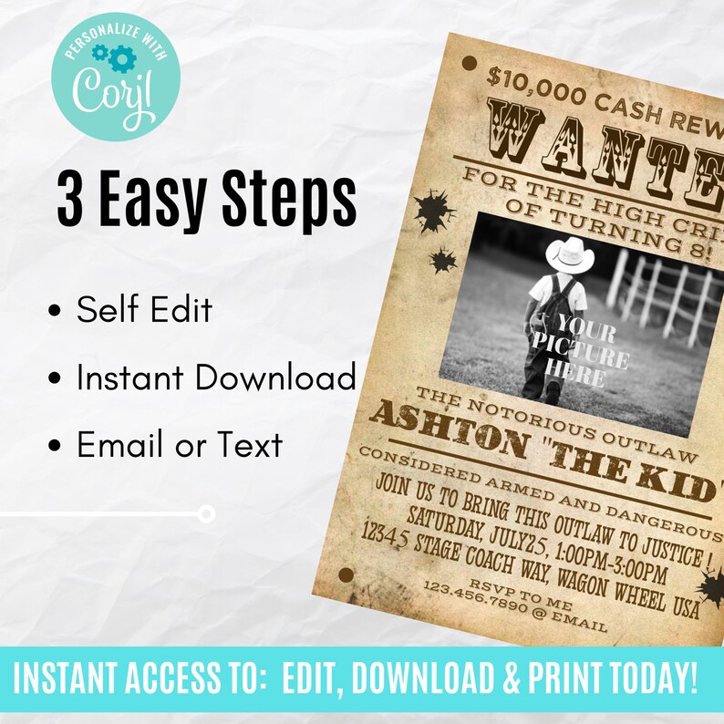 Editable Wanted Poster Invitation, Cowboy Birthday Invitation, Cowboy ...