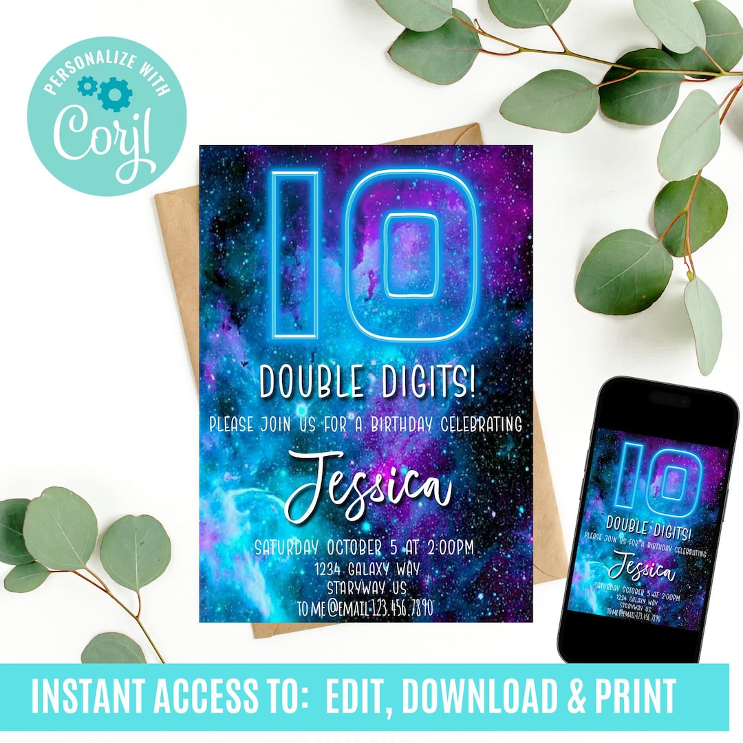 Galaxy Birthday Invitation, Double Digits Invitation, Tenth Birthday ...