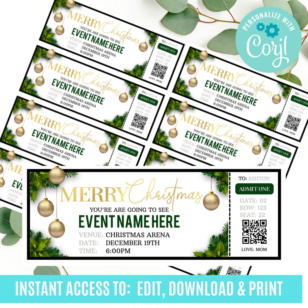 Surprise Christmas Gift, Event Ticket Pintables, Editable Event Tickets ...