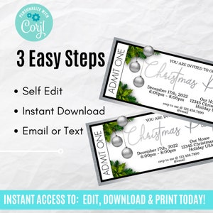 Christmas Party Ticket, Event Ticket Pintables, Editable Event Tickets ...