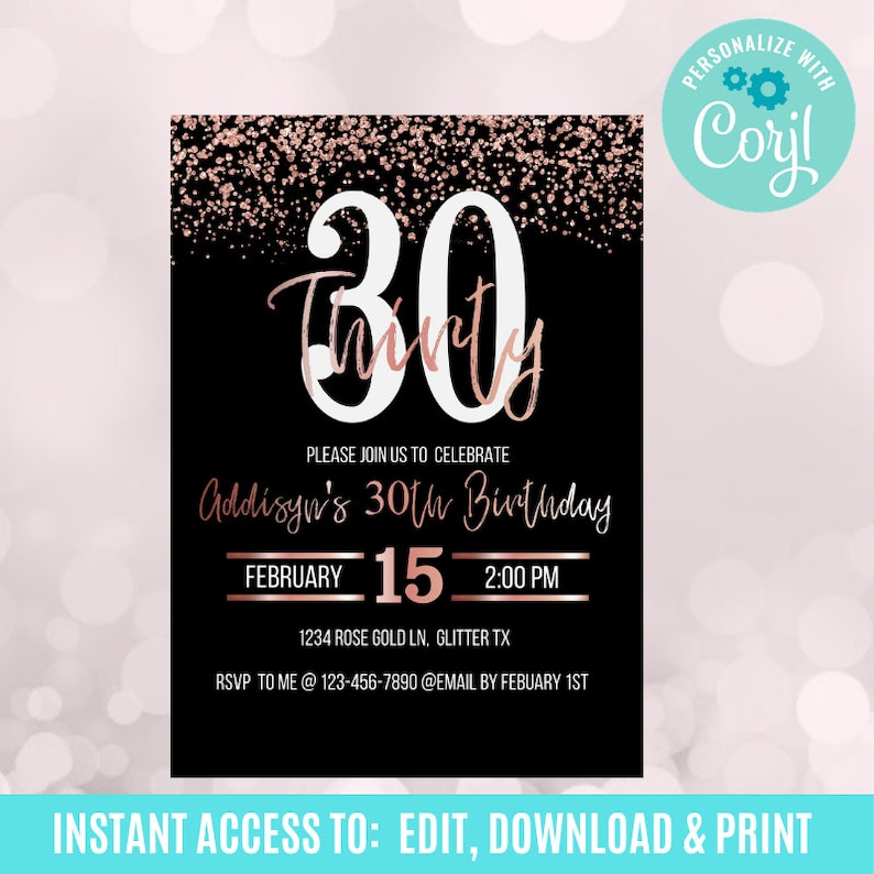 30th Birthday 30th Birthday Invitation Rose Gold Birthday Etsy
