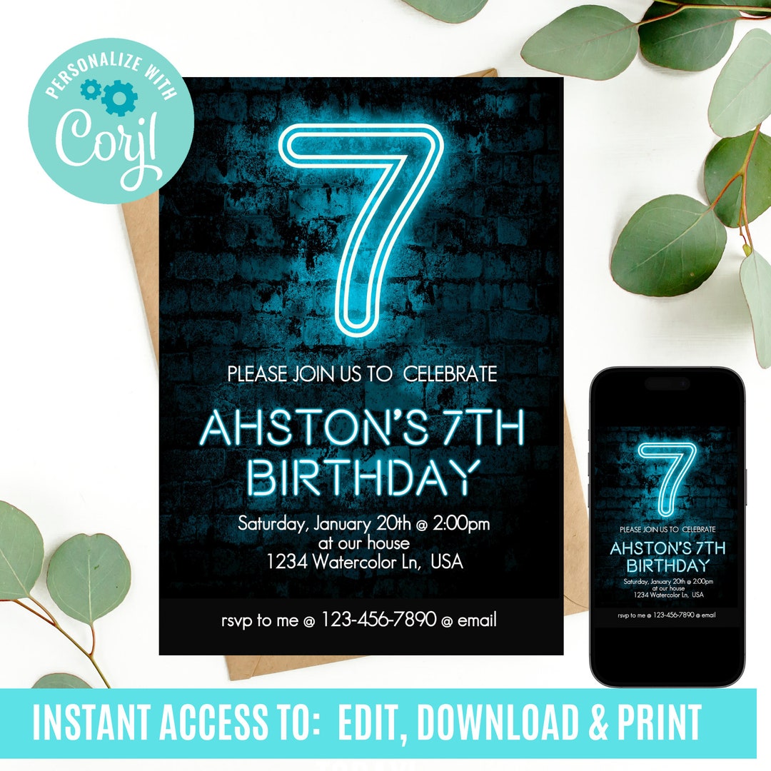 Any Age, Neon Light Birthday Invitation, 7th Birthday Invitation, Boys ...