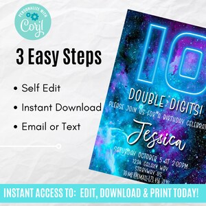Galaxy Birthday Invitation, Double Digits Invitation, Tenth Birthday ...