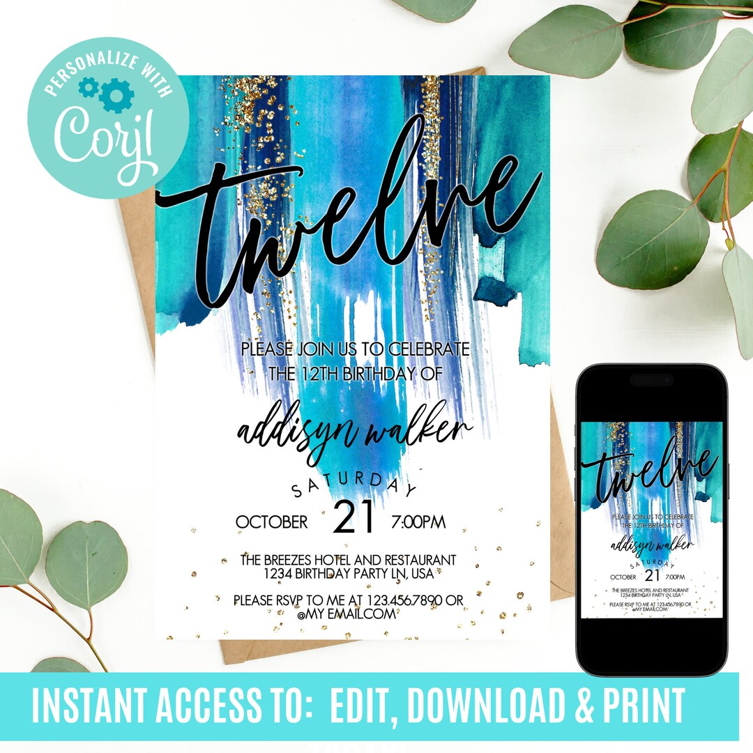 12th Birthday Invitation, Tween Birthday Party Invitation, Birthday ...