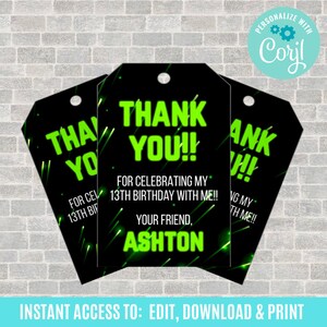 Laser Tag Gift Tags, Glow Thank You Tags, Editable Gift Tags, Neon ...