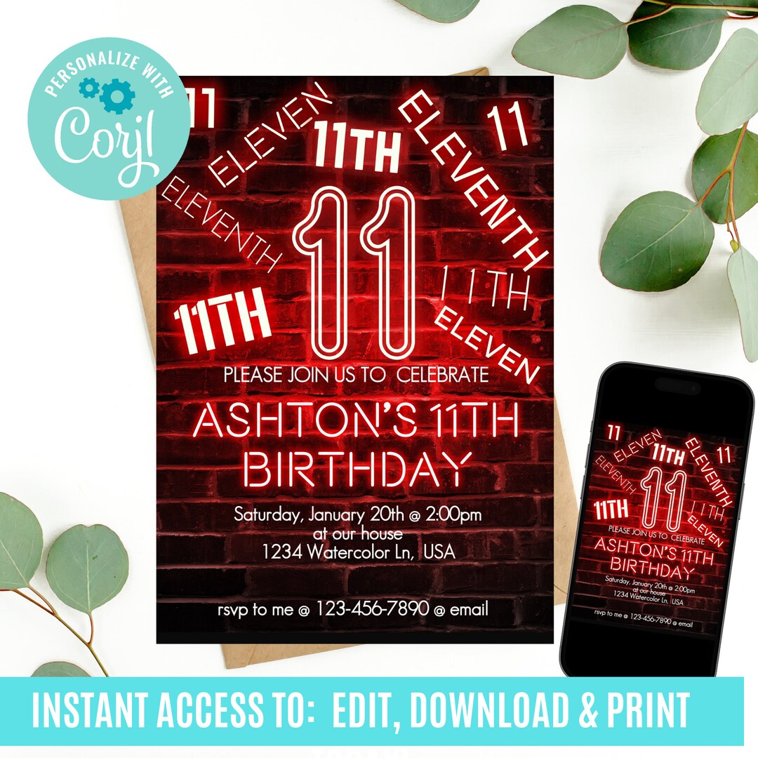 11th Birthday, 11th Birthday Invitation, Birthday Invitation, Birthday Invitations for Boys ...