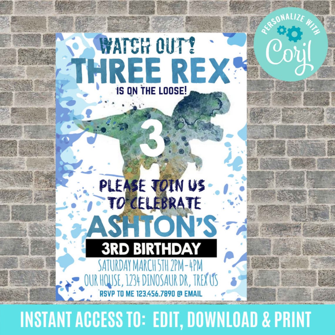 Three Rex Invitation Three Rex Birthday Invitation Instant - Etsy