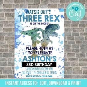 Three Rex Invitation Three Rex Birthday Invitation Instant - Etsy