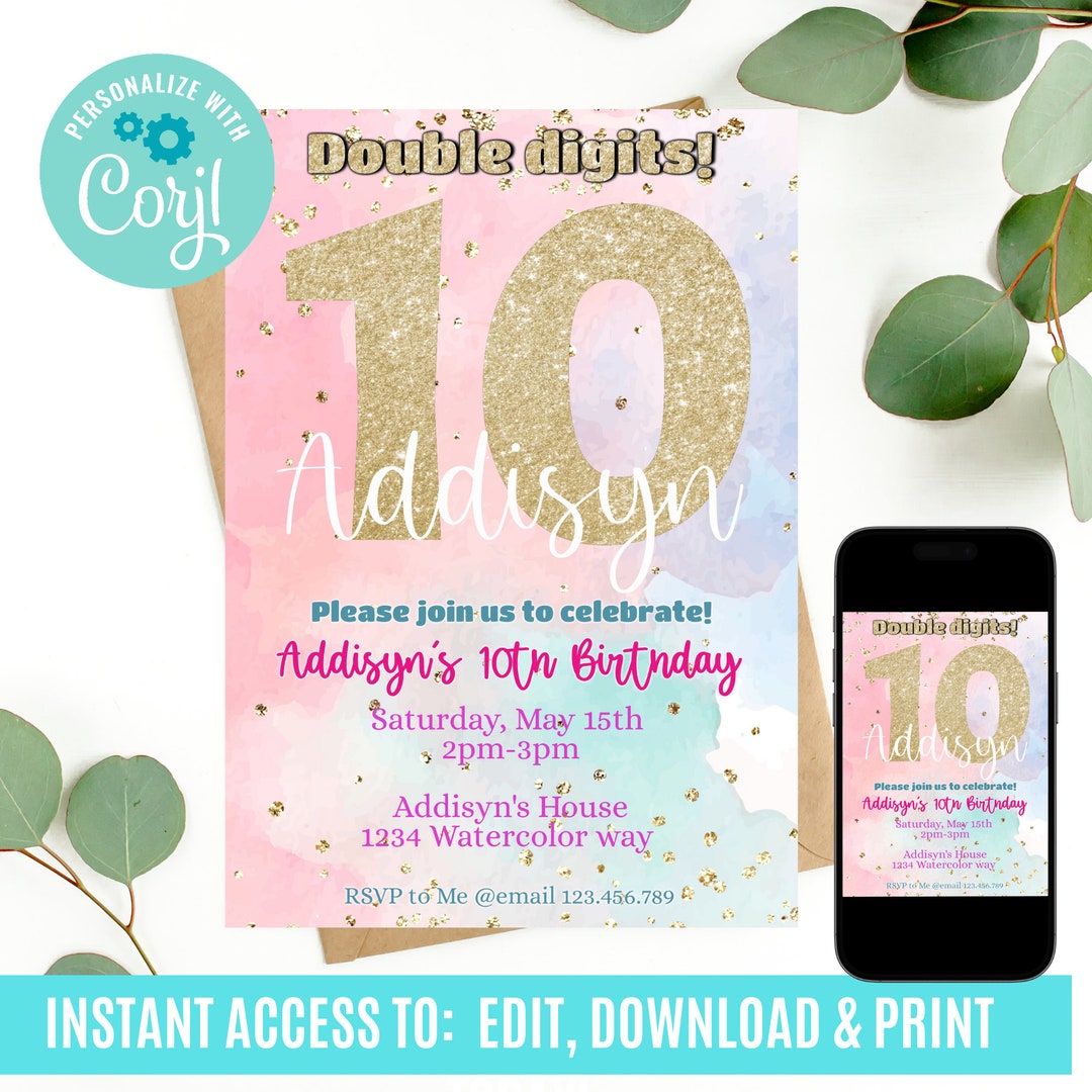 10th Birthday Invitation Girl, Double Digits Birthday Invitation, 10th ...
