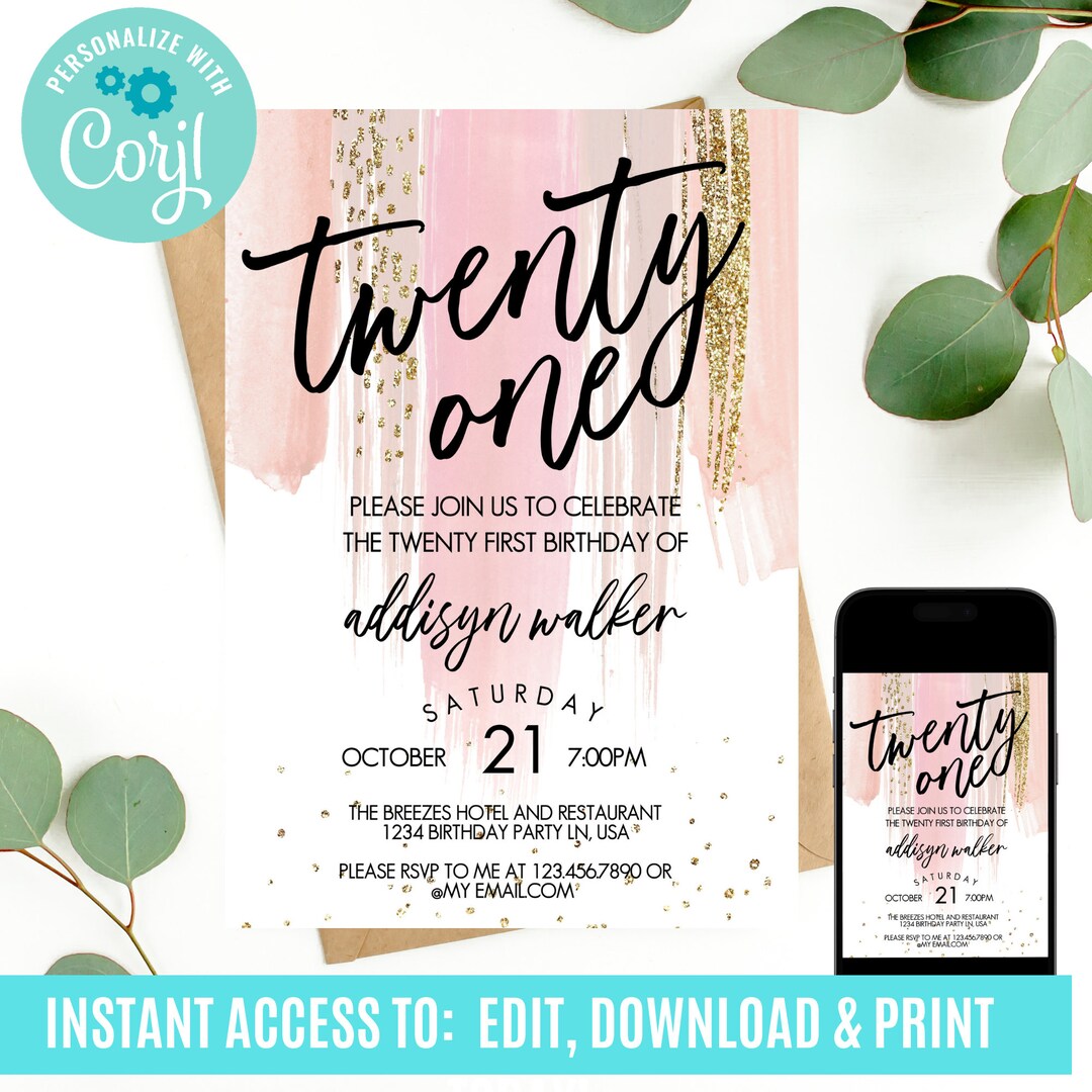 21 Birthday Invitation, 21 Birthday Invitation Rose Gold, Birthday ...