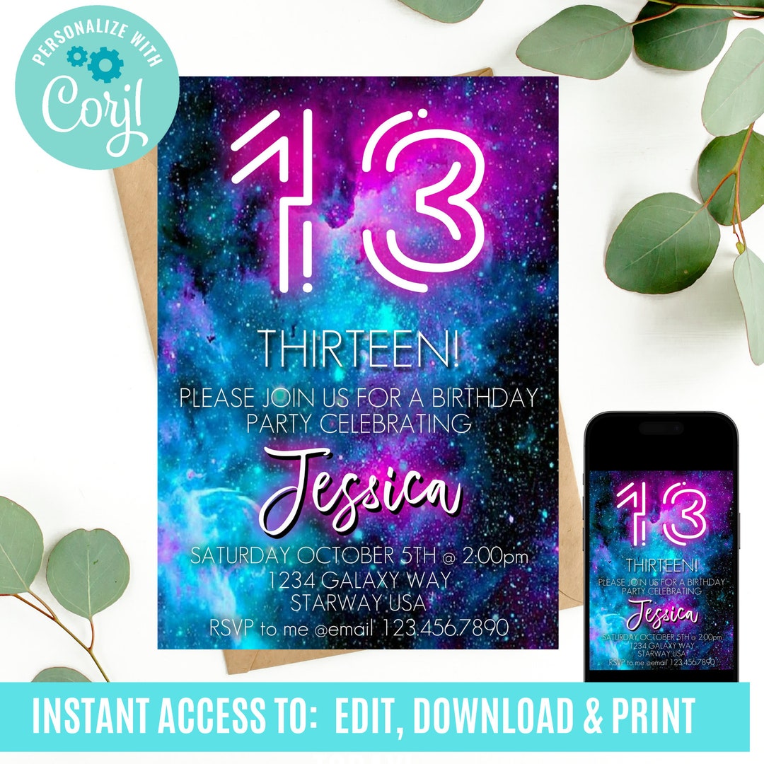 Galaxy Birthday Invitation, 13th Birthday Invitation, Thirteenth ...