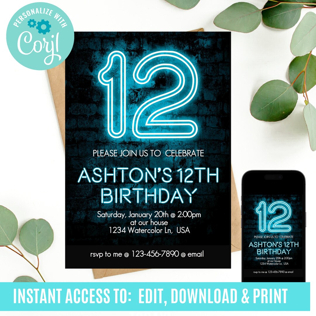 Any Age, Neon Light Birthday Invitation, 12th Birthday Invitation, Glow ...