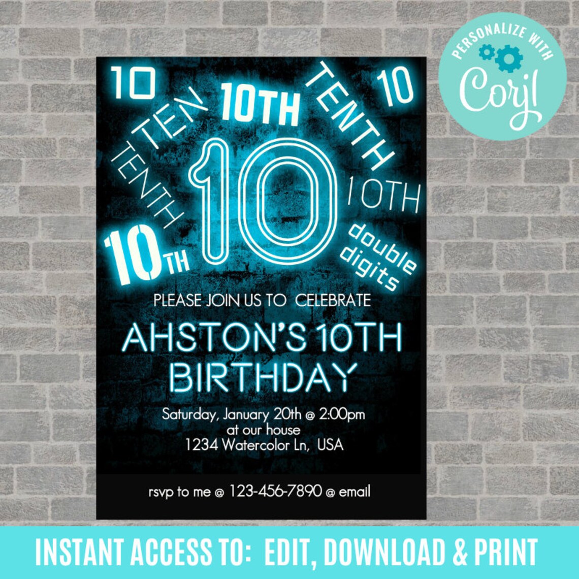 Neon Light Birthday Invitation 10th Birthday Invitation - Etsy