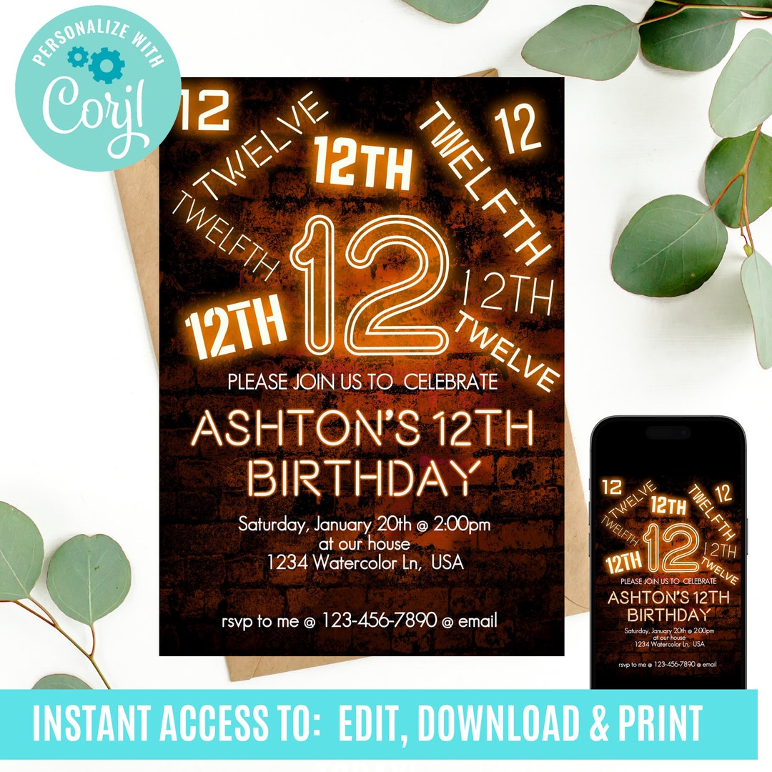 12th Birthday, 12th Birthday Invitation, Birthday Invitation, Birthday ...