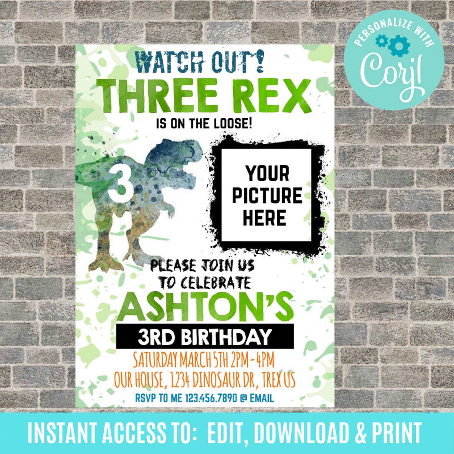 Three Rex Invitation Three Rex Birthday Invitation Instant - Etsy