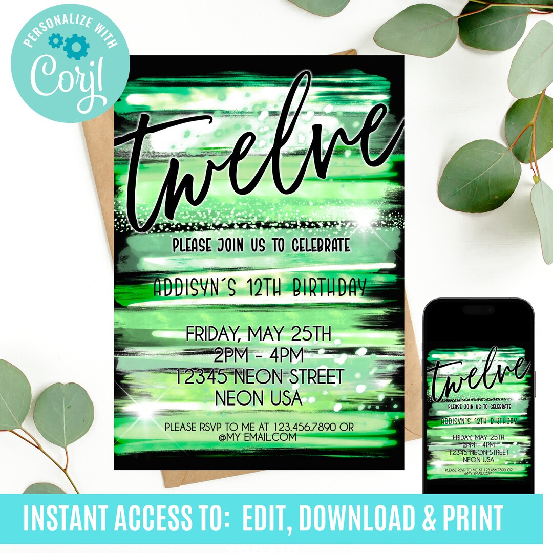 12th Birthday Invite, Neon Birthday Invitations, Tween Birthday ...
