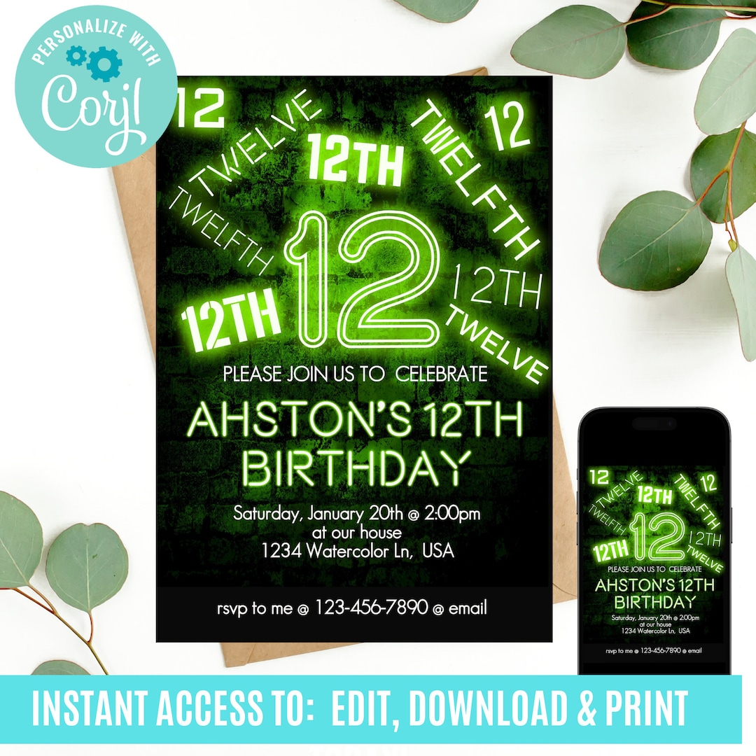 12th Birthday, 12th Birthday Invitation, Birthday Invitation, Birthday Invitations for Boys ...