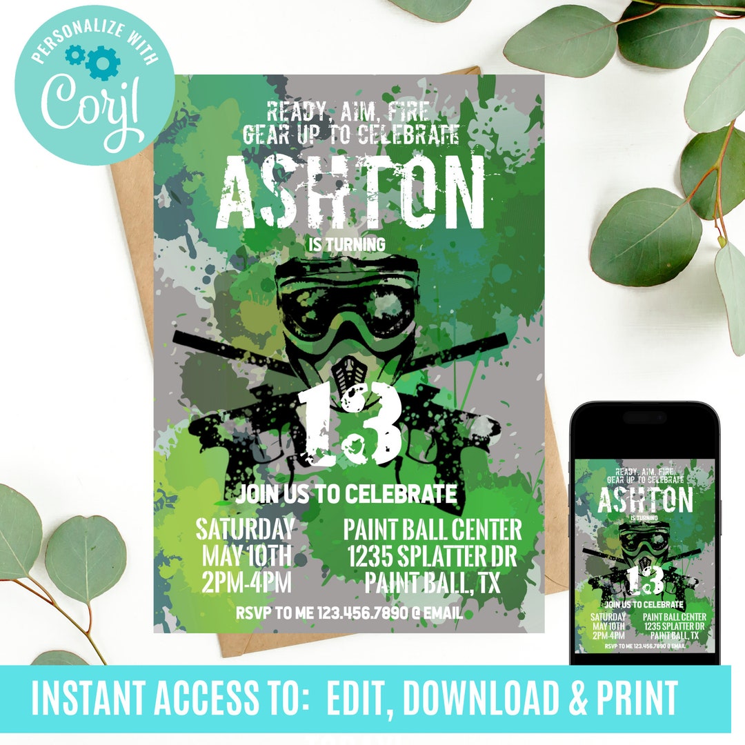 Any Age, Paintball Birthday Invitation, Paintball Invitation, Paintball ...