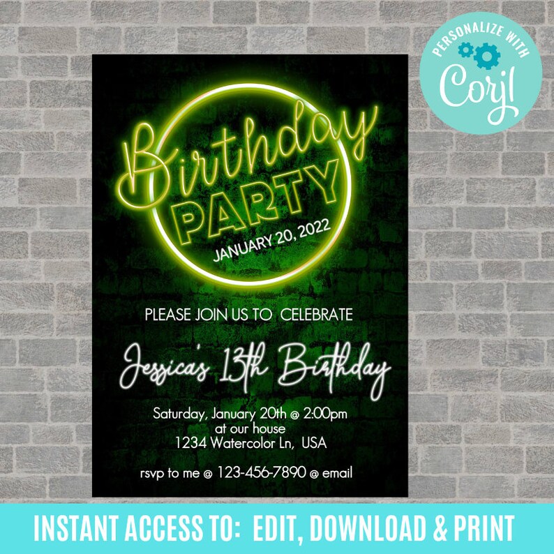 Neon Birthday Invitation Neon Light Birthday Invitation Glow - Etsy