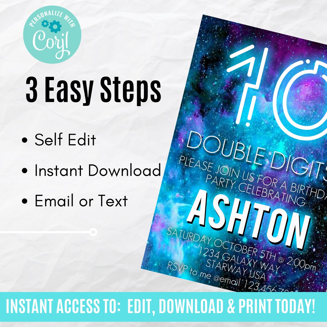 Galaxy Birthday Invitation, Double Digits Invitation, Tenth Birthday ...