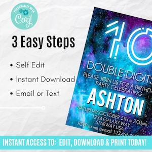 Galaxy Birthday Invitation, Double Digits Invitation, Tenth Birthday ...