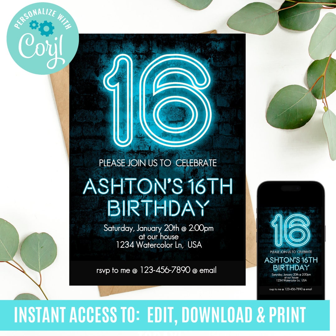 Any Age, Neon Light Birthday Invitation, 16th Birthday Invitation, Boys ...