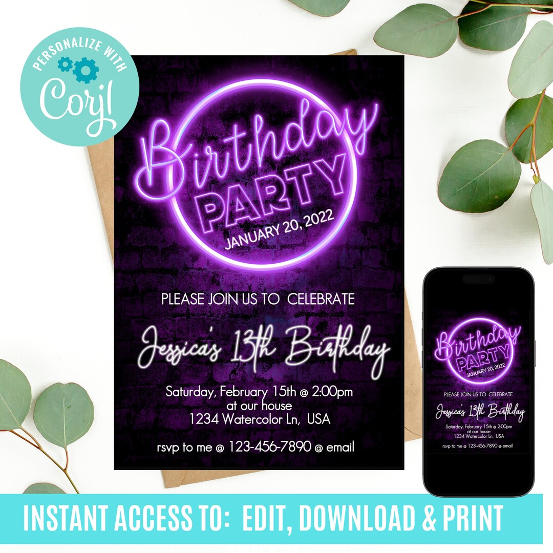 Neon Birthday Invitation, Neon Light Birthday Invitation, Glow Party ...